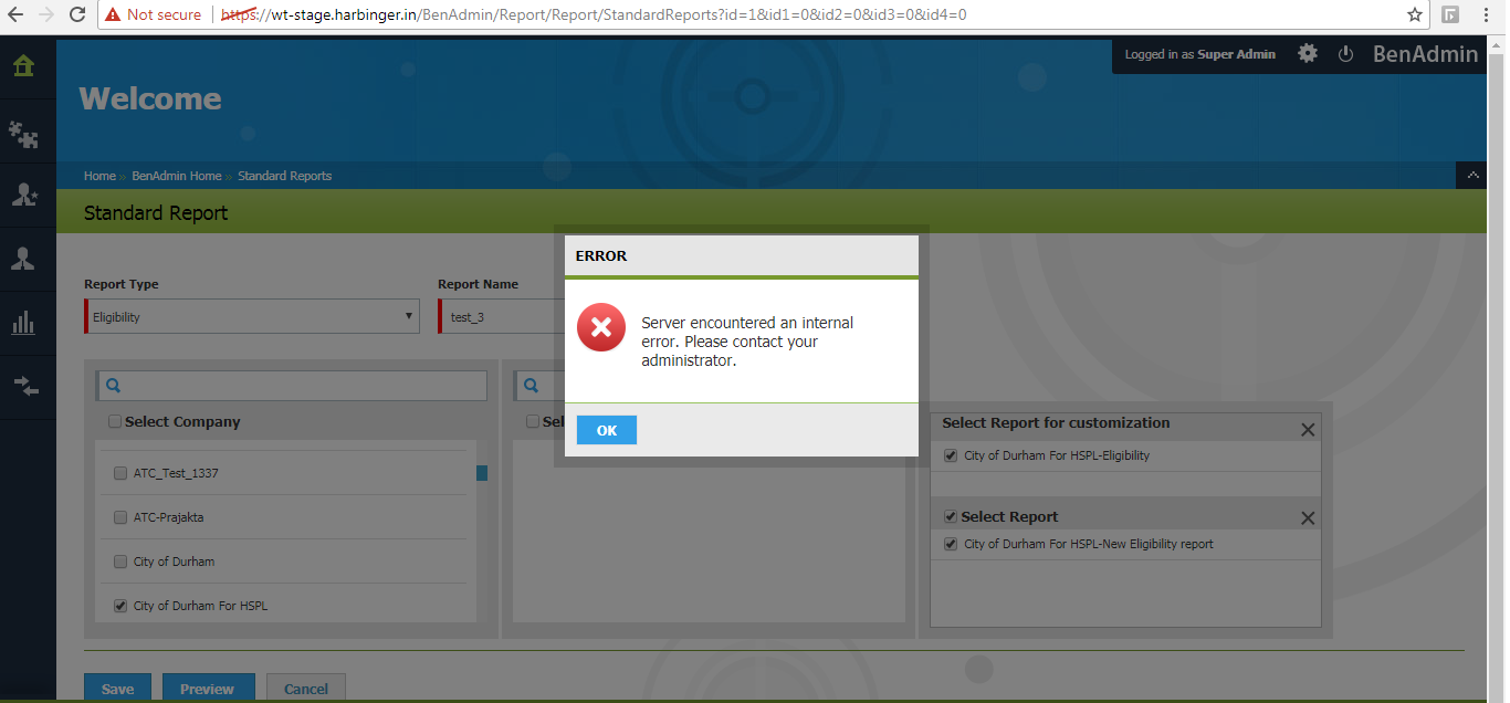 [WT-11676] LB->Global->standard report->Eligibility->Getting server error - Workterra Jira
